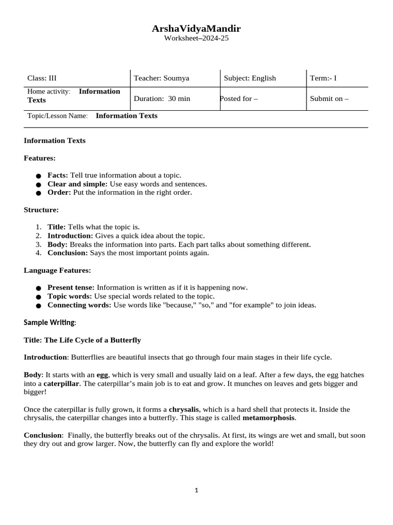 Class III English: Info Texts Worksheet | PDF