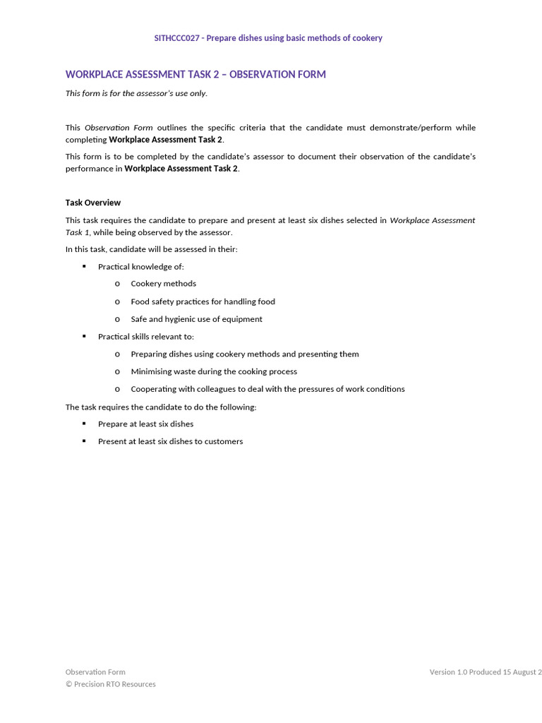 SITHCCC027 Workplace Assessment Task 2 Observation Form | PDF ...
