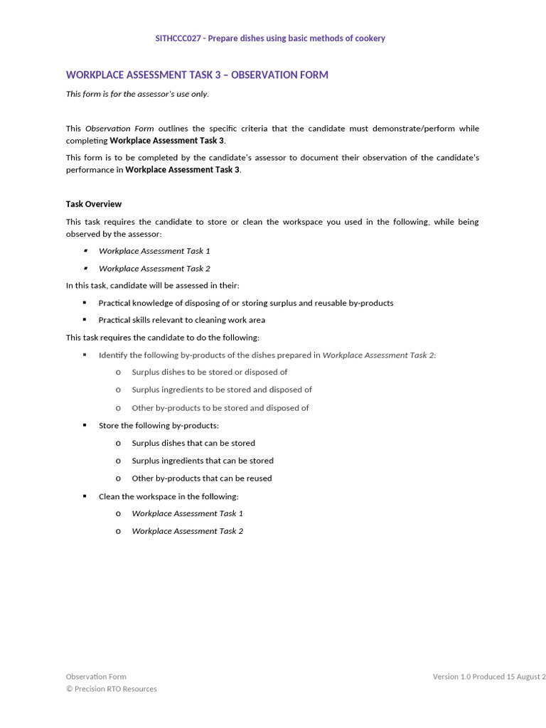 SITHCCC027 Workplace Assessment Task 3 Observation Form | PDF ...
