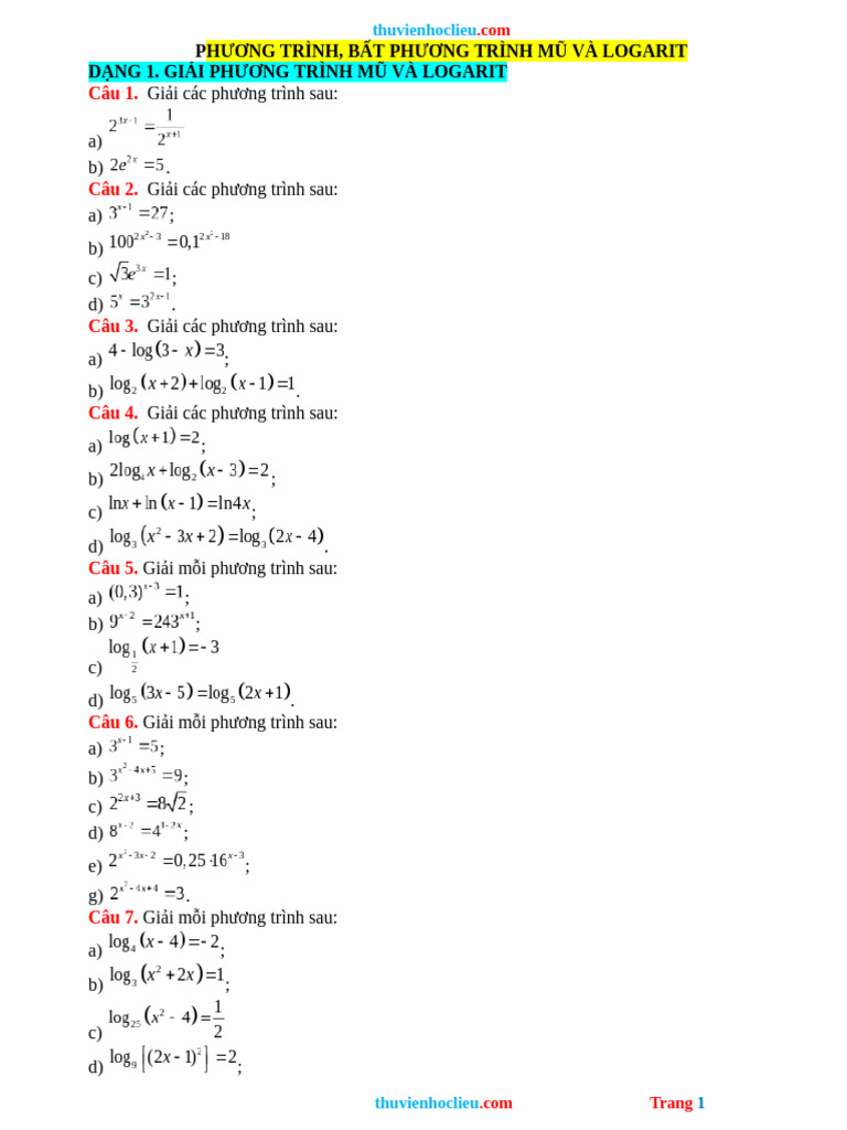 Cac Dang Toan Bai PT BPT Mu Va Logarit Hay | PDF