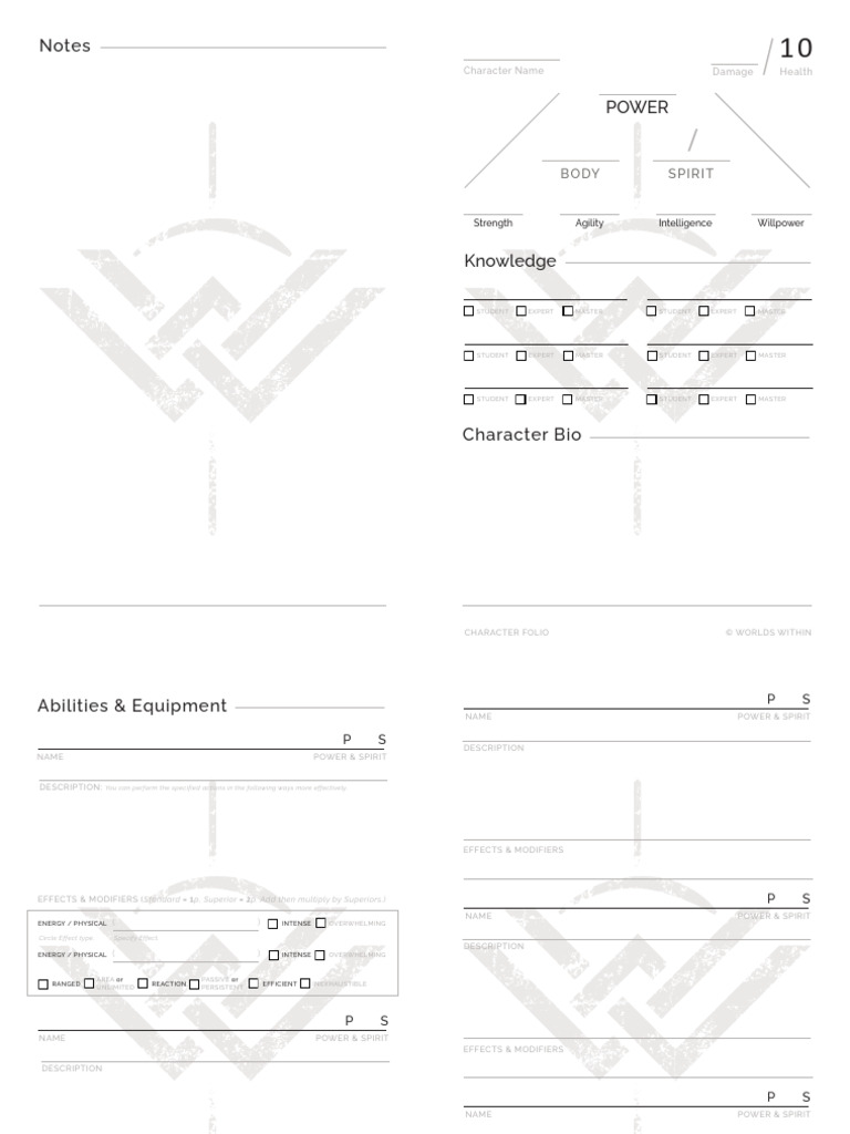 Worlds Within Character Sheet 1.0 Printer-Friendly | PDF