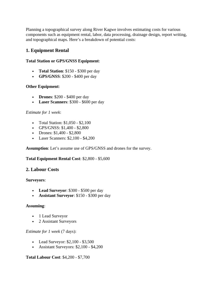 Planning A Topographical Survey Along River Kagwe Involves Estimating Costs For Various ...
