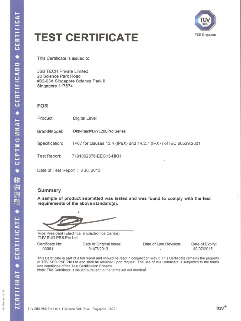 Ip67 Test Certificate Digi Pas DWL 280pro | PDF