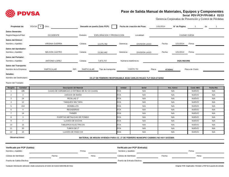 Pase de Salida de Materiales y Equipos | PDF