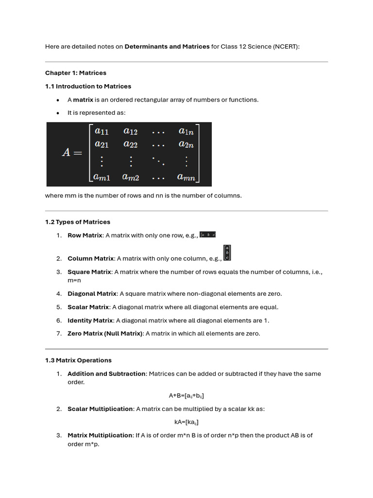 Here Are Detailed Notes On Determinants and Matrices For Class 12 ...