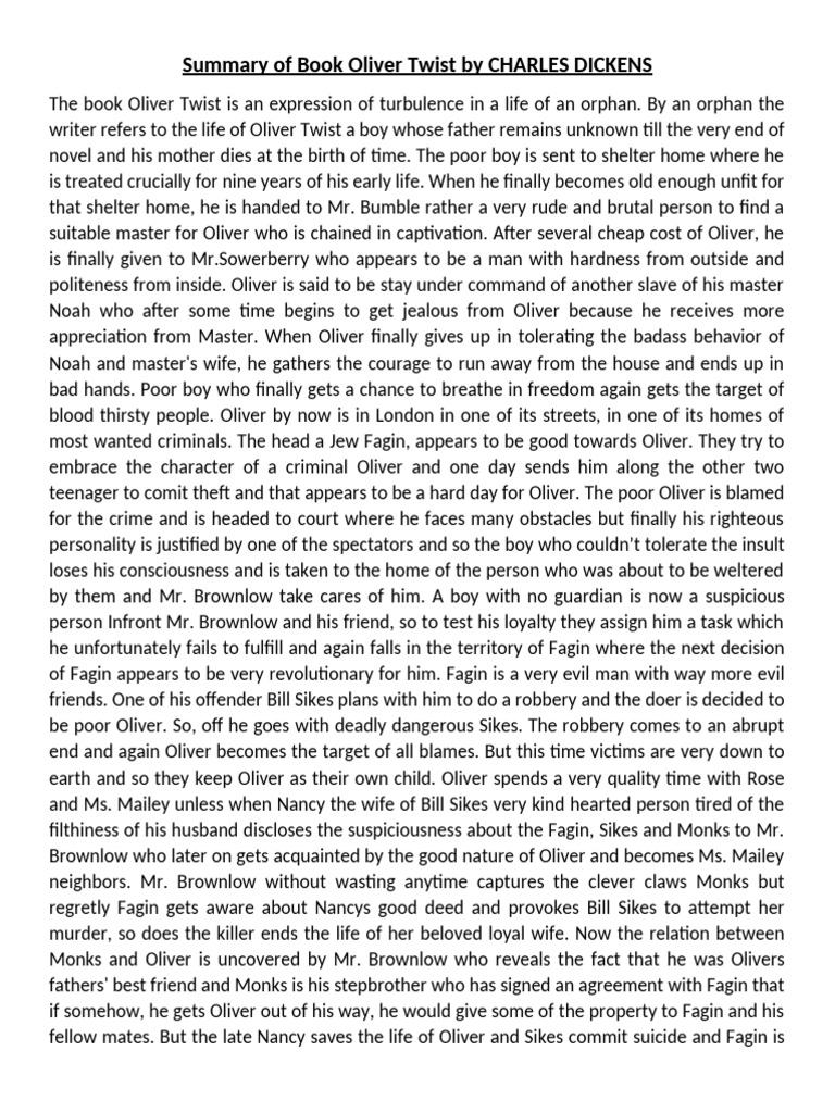 Summary of Book OLIVER TWIST BY CHARLES DICKENS | PDF | Oliver Twist ...