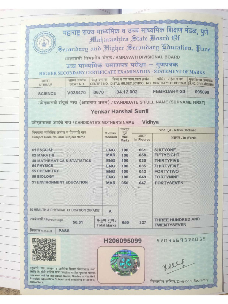 12th Marksheet | PDF
