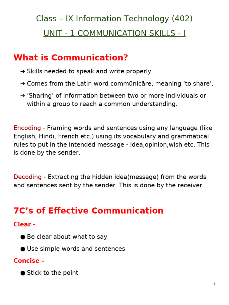 Class 9 - IT - Unit - 1 Communication Skills - I - IMP. NOTES | PDF ...