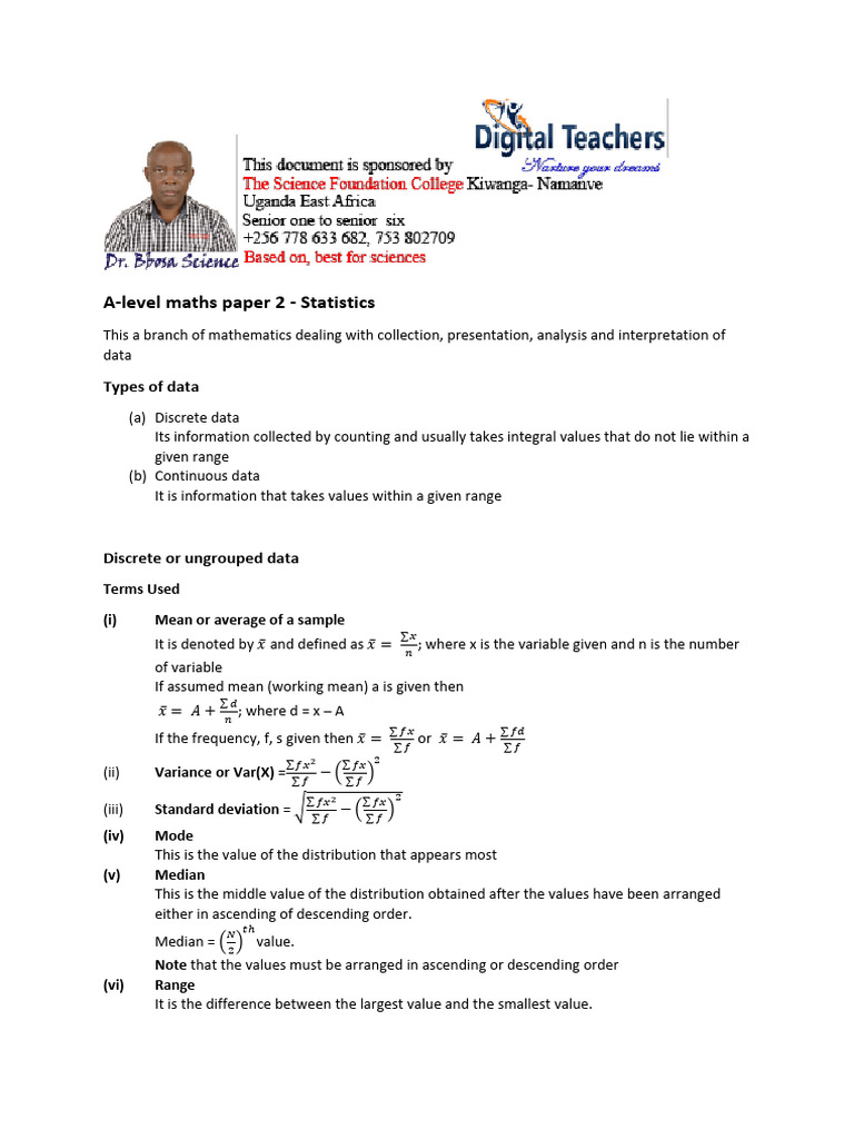 A Level Math Paper 2 Statistics | PDF | Mode (Statistics) | Variance