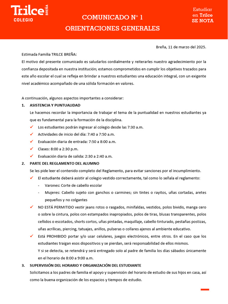 COMUNICADO 1 - Orientaciones Generales | PDF
