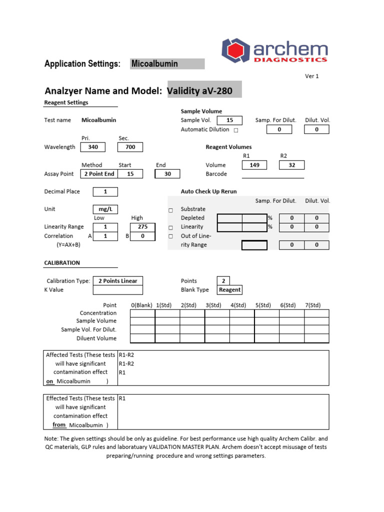 Microalbumin Archem Validity Av-280 Application Parameters Ver1 | PDF