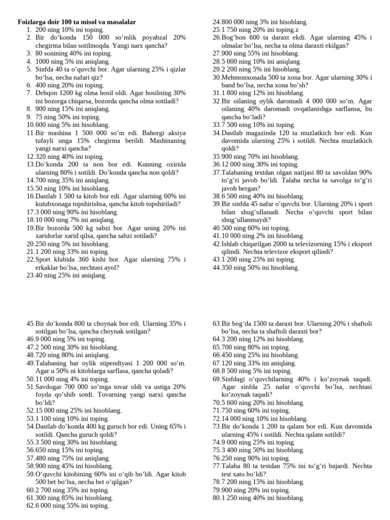 Foizlarga Doir 100 Ta Misol Va Masalalar | PDF