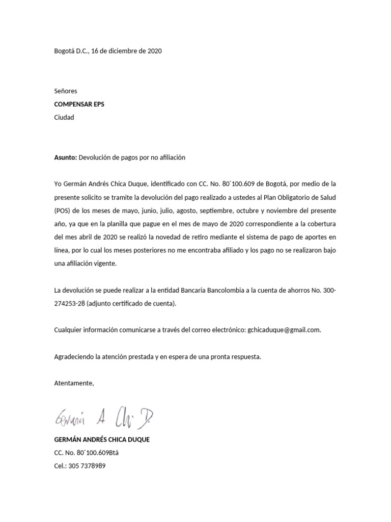 Carta Devolucion Pagos | PDF