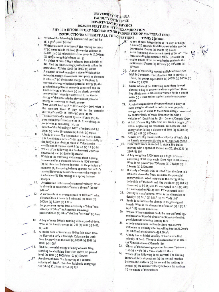 Phys 101 Past Questions | PDF