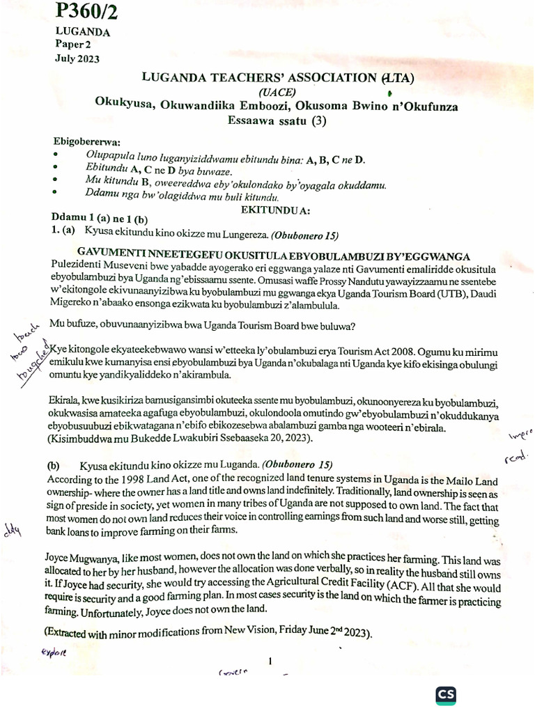 LTA Luganda UACE pp2 2023 | PDF