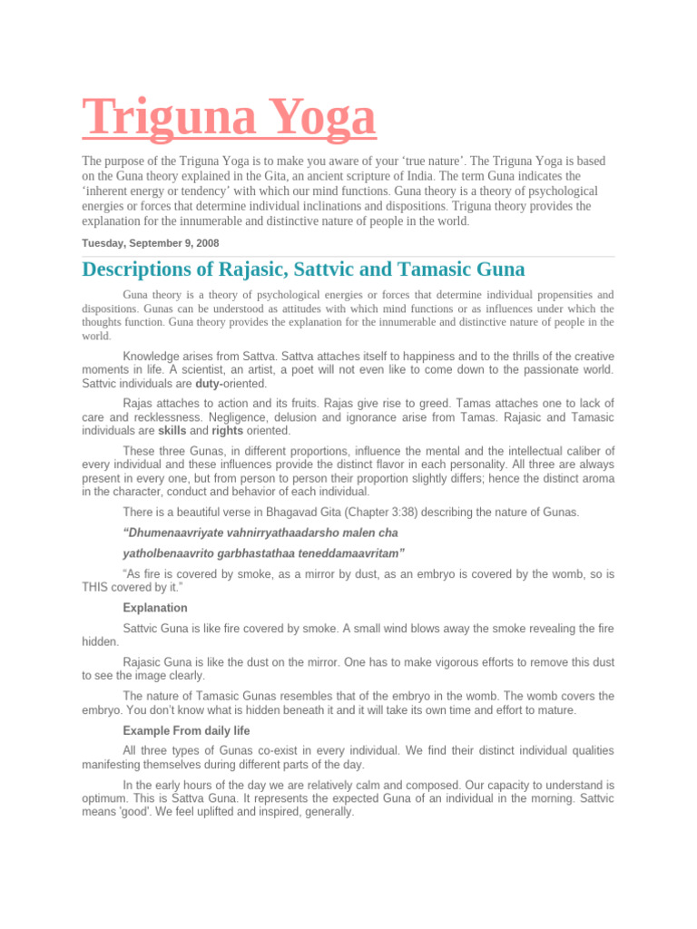 Triguna Yoga-Descriptions of Rajasic, Sattvic and Tamasic Guna | PDF