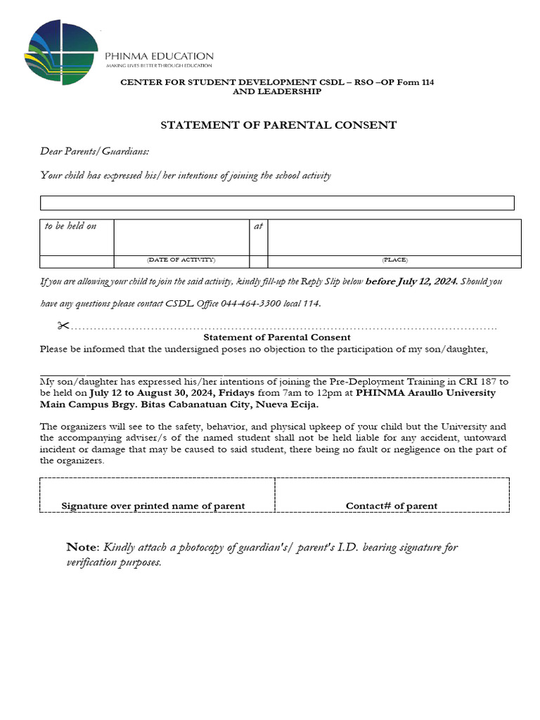 Parental Consent Form for Student Activity | PDF