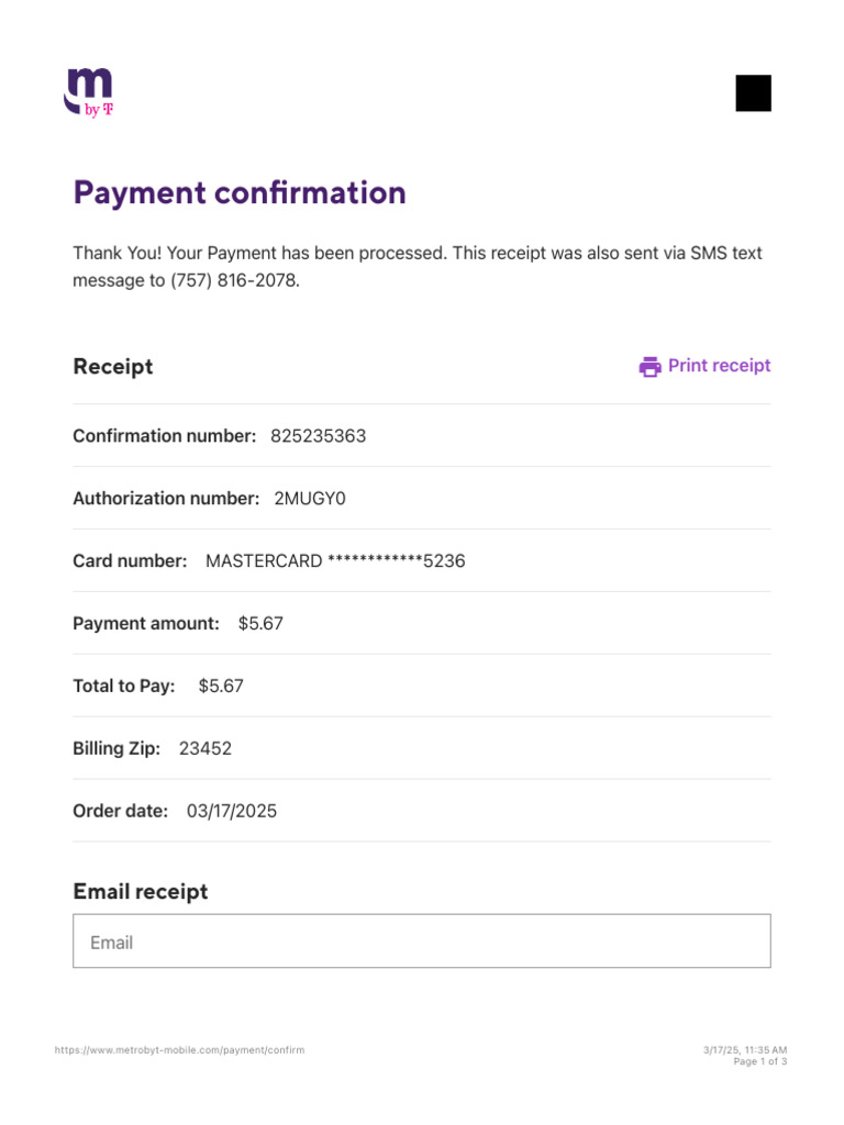Payment Confirmation Receipt - $5.67 | PDF