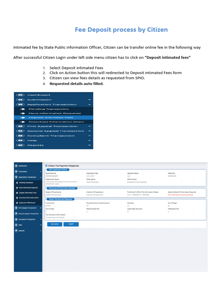 Online Fee Deposit Process for Citizens | PDF