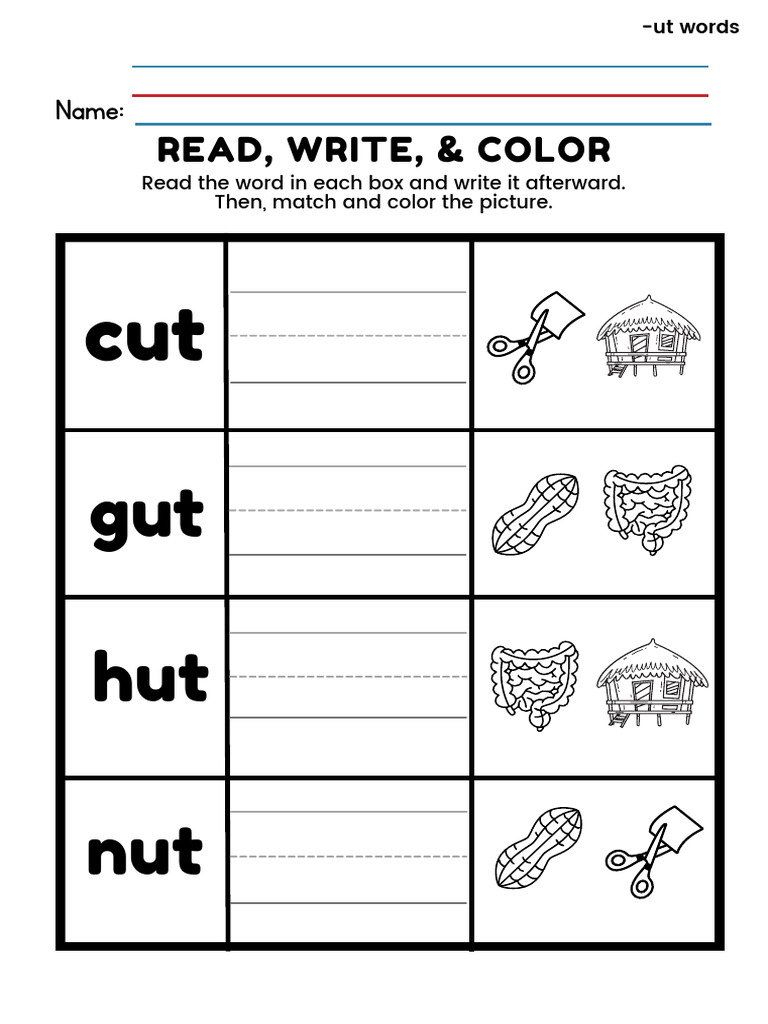 Read, Write, And Color CVC Words -Ut Words | PDF