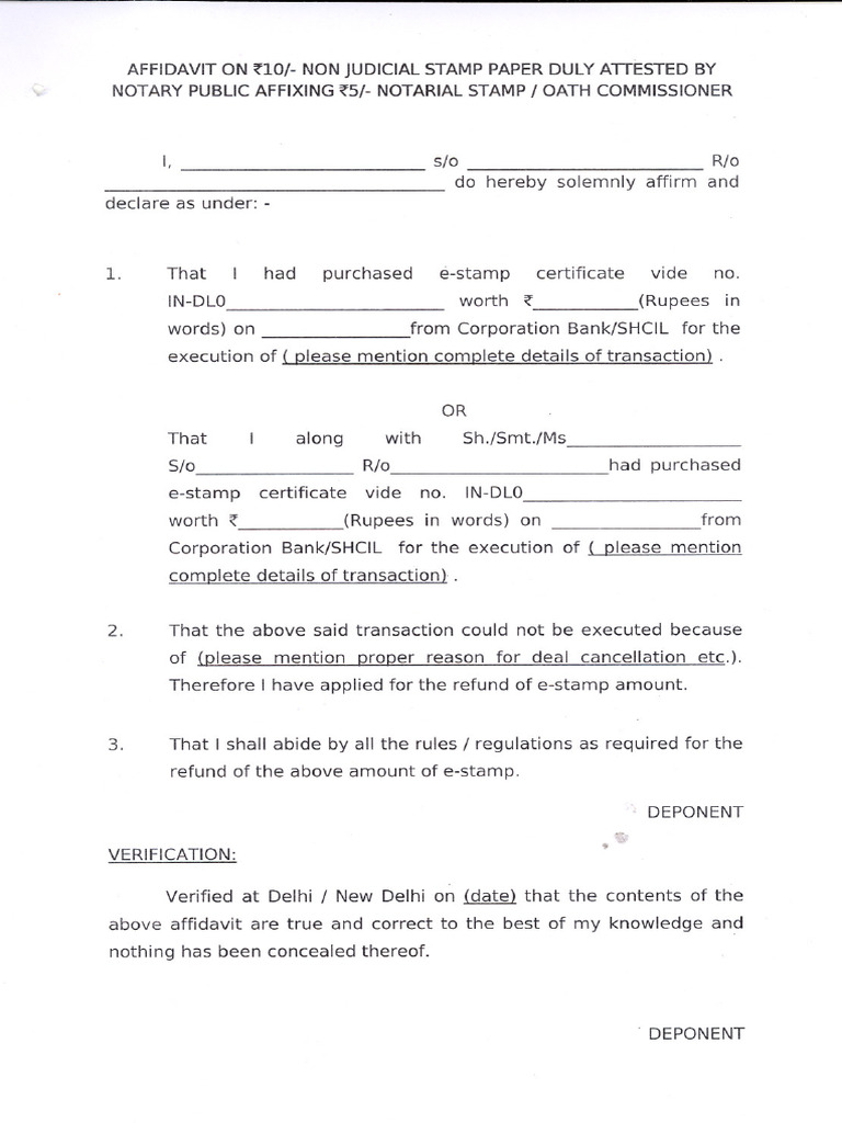 Affidavit for E-Stamp Refund Request | PDF