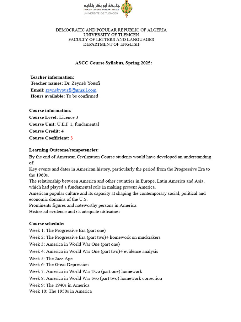 ASCC Course Syllabus, Spring 2025 | PDF