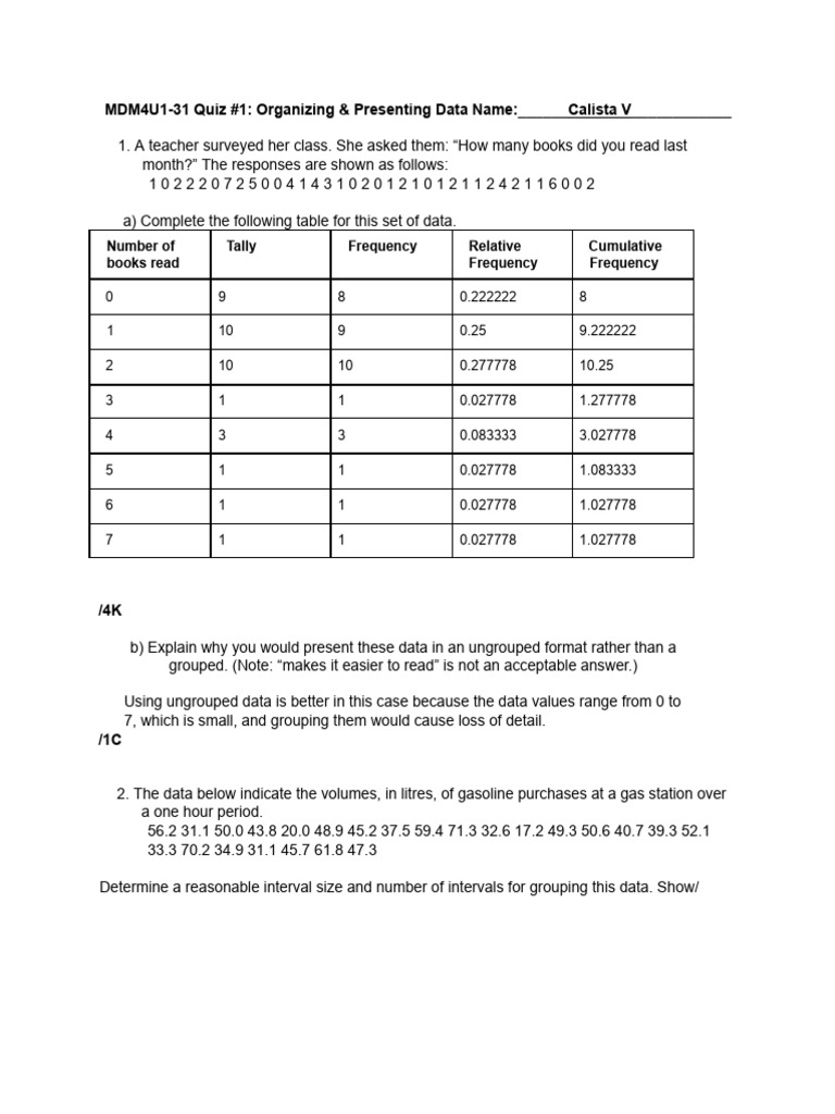 Quiz #1 - Organizing & Presenting Data | PDF