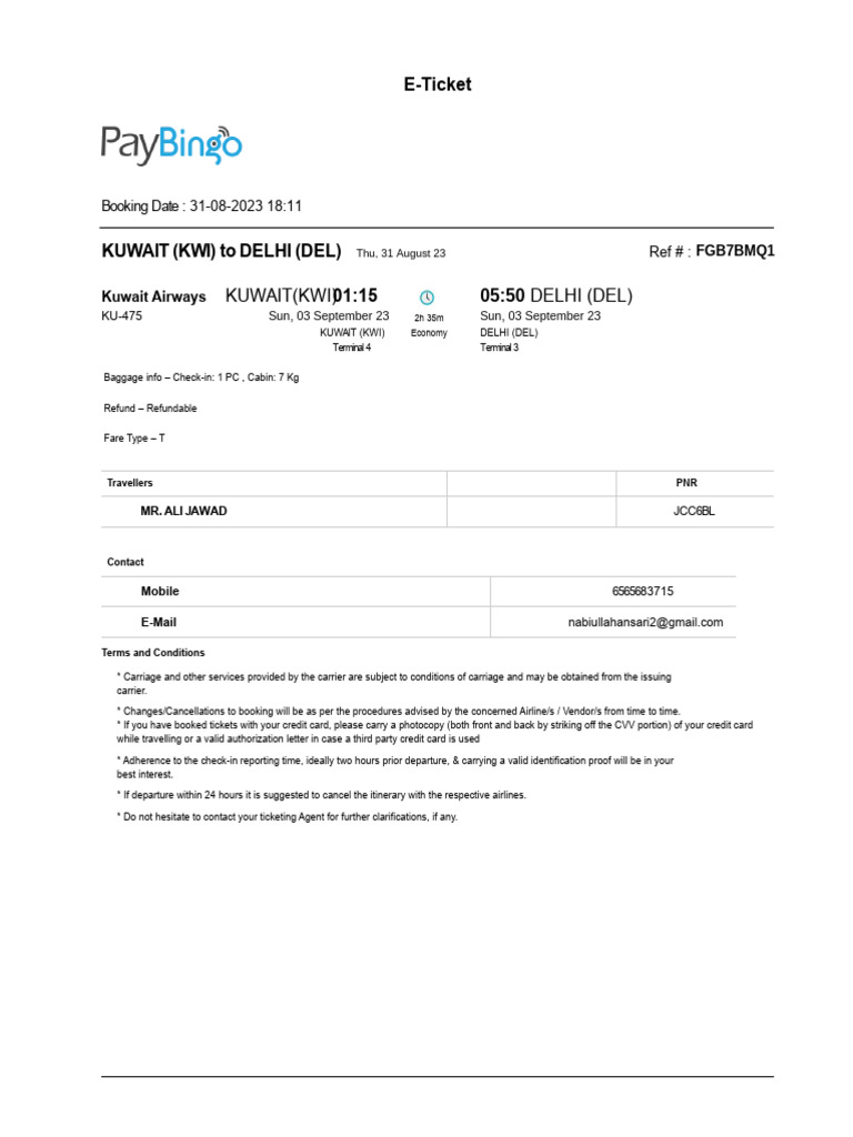 Kuwait Airways E-Ticket Details | PDF