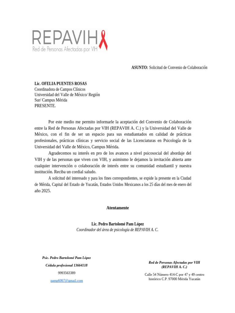 Carta Convenio Repavih Uvm | PDF