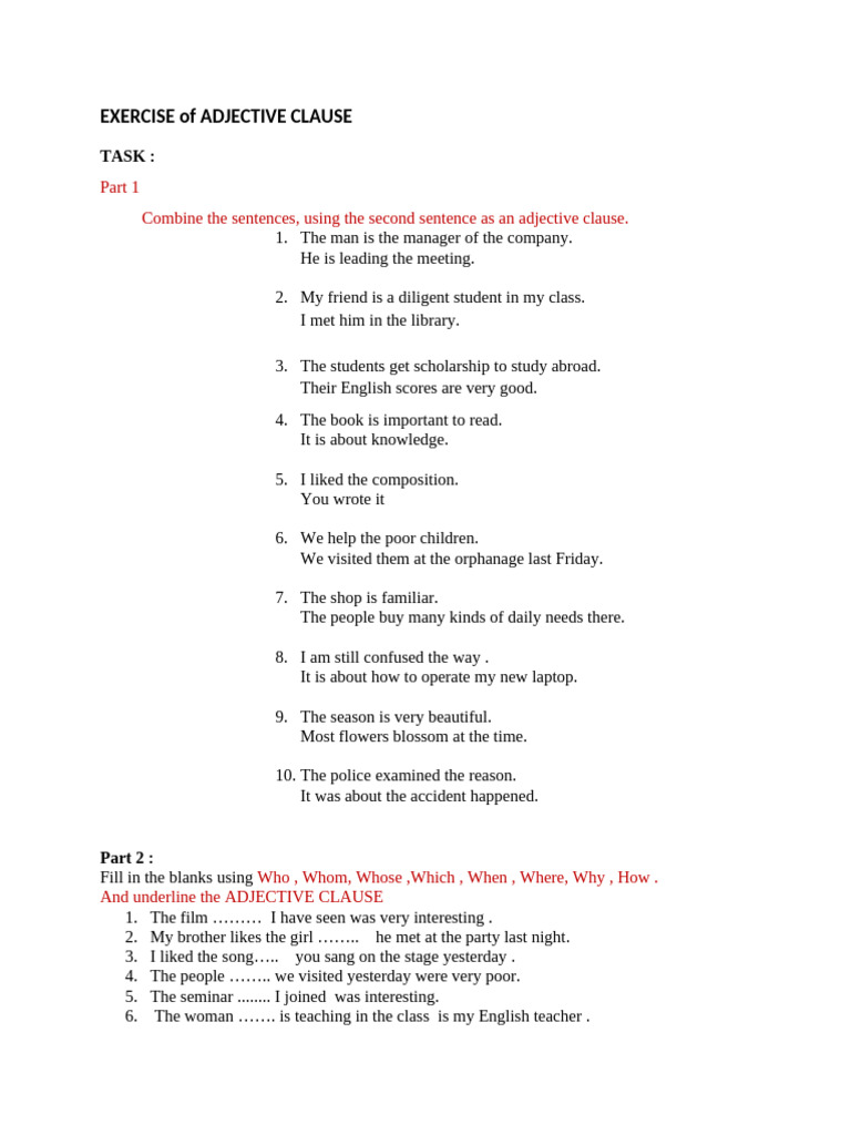 Exercise of Adjective Clause-1 | PDF