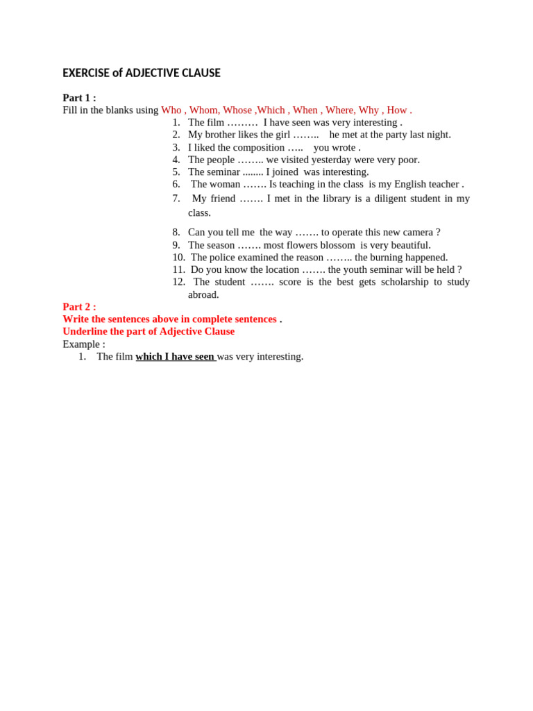 Adjective Clause Exercise Worksheet | PDF