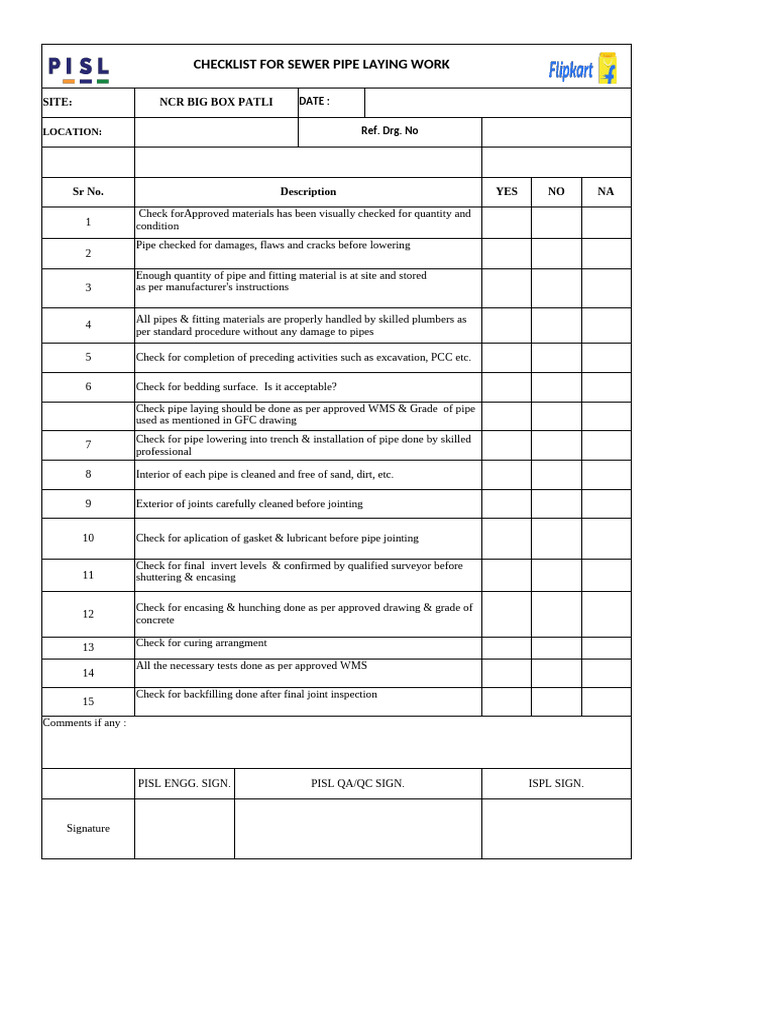 Checklist For Sewer Pipe Laying | PDF