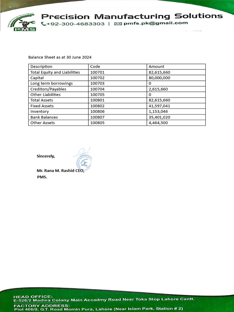 PMS Balance Sheet | PDF
