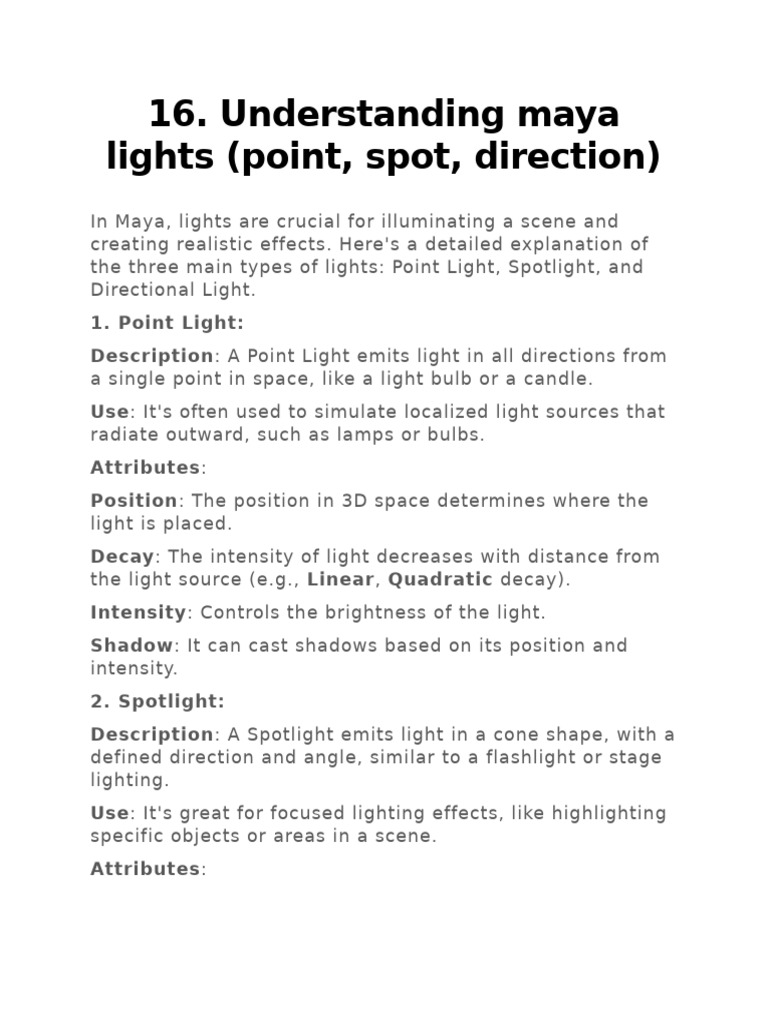 Maya Lighting: Types and Uses | PDF | Shadow | Light