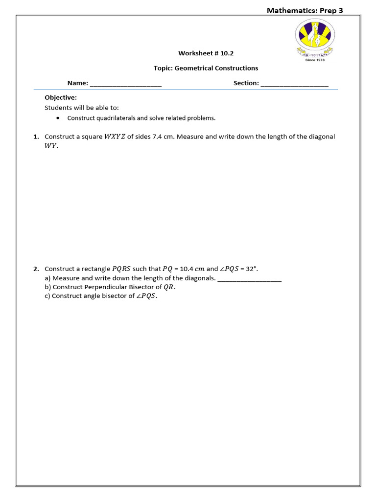 Geometrical Constructions Worksheet | PDF