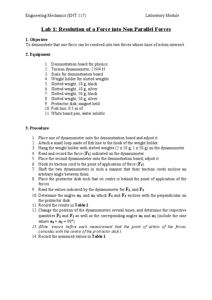Lab 1: Resolution of A Force Into Non Parallel Forces: 1. Objective ...
