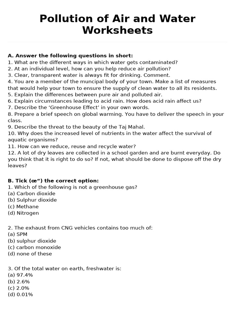 Pollution of Air and Water Worksheets | PDF | Pollution | Water Pollution