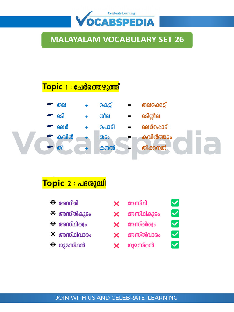 Malayalam Vocabulary Set 26 | PDF