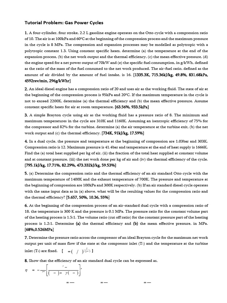 Gas Power Cycles: Analysis and Calculations | PDF | Engines | Energy ...