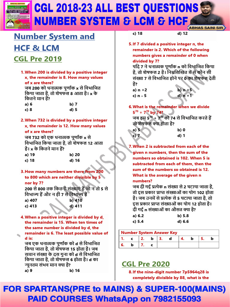 1 Number System and HCF 0 LCM CGL 2018 23 Best Question by Abhas (16 Files Merged) | PDF