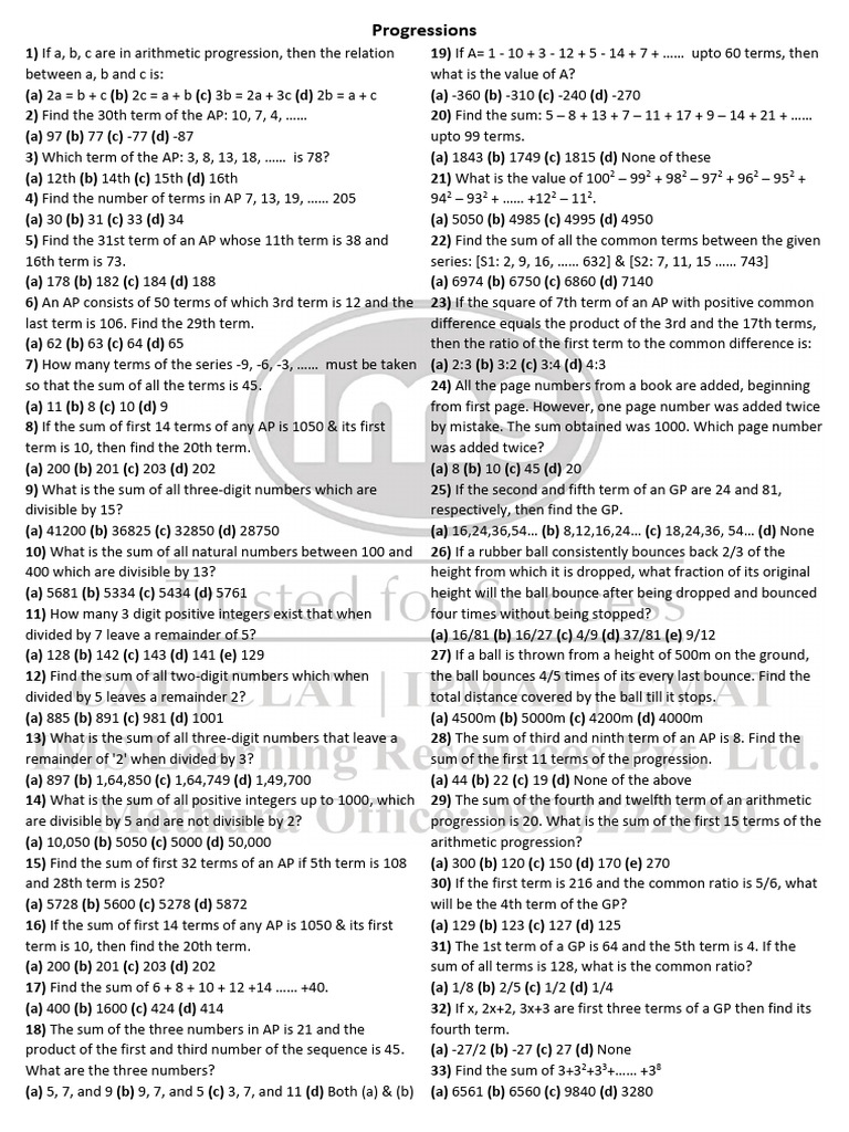 Progressions, Venn Diagrams | PDF | Arithmetic | Mathematics