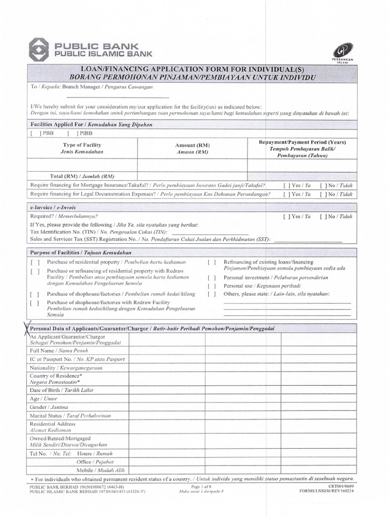 Public Bank Loan Financing Application Form | PDF