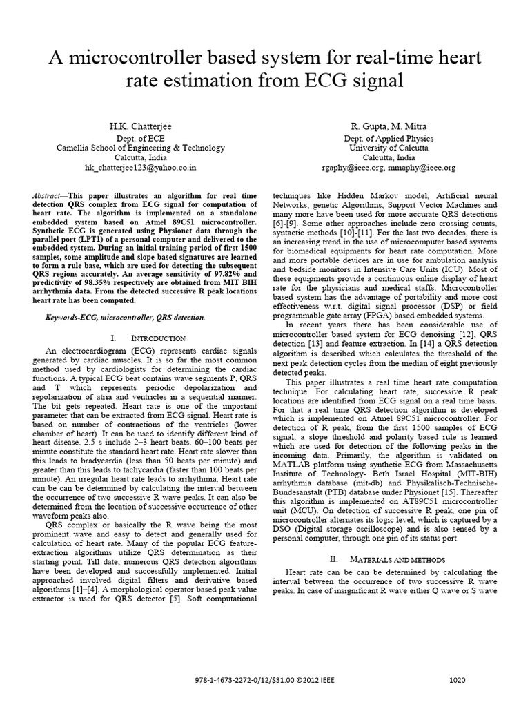 A microcontroller based system for real-time heart rate estimation from ECG signal | PDF ...