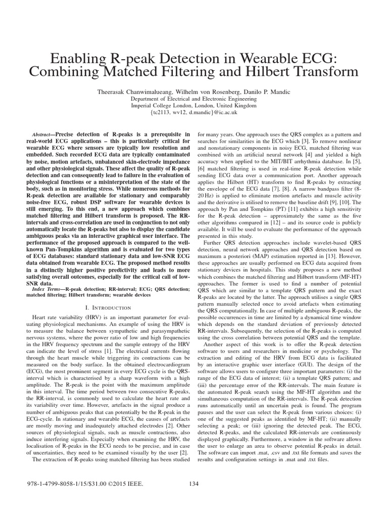 Enabling R-peak detection in wearable ECG- Combining matched filtering and Hilbert transform ...