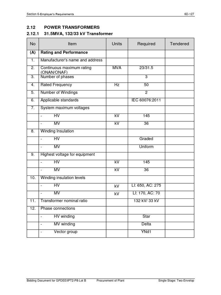 Revised Table 2 12 POWER TRANSFORMERS of Section 6 Employers Requirements Part D Supplementary ...