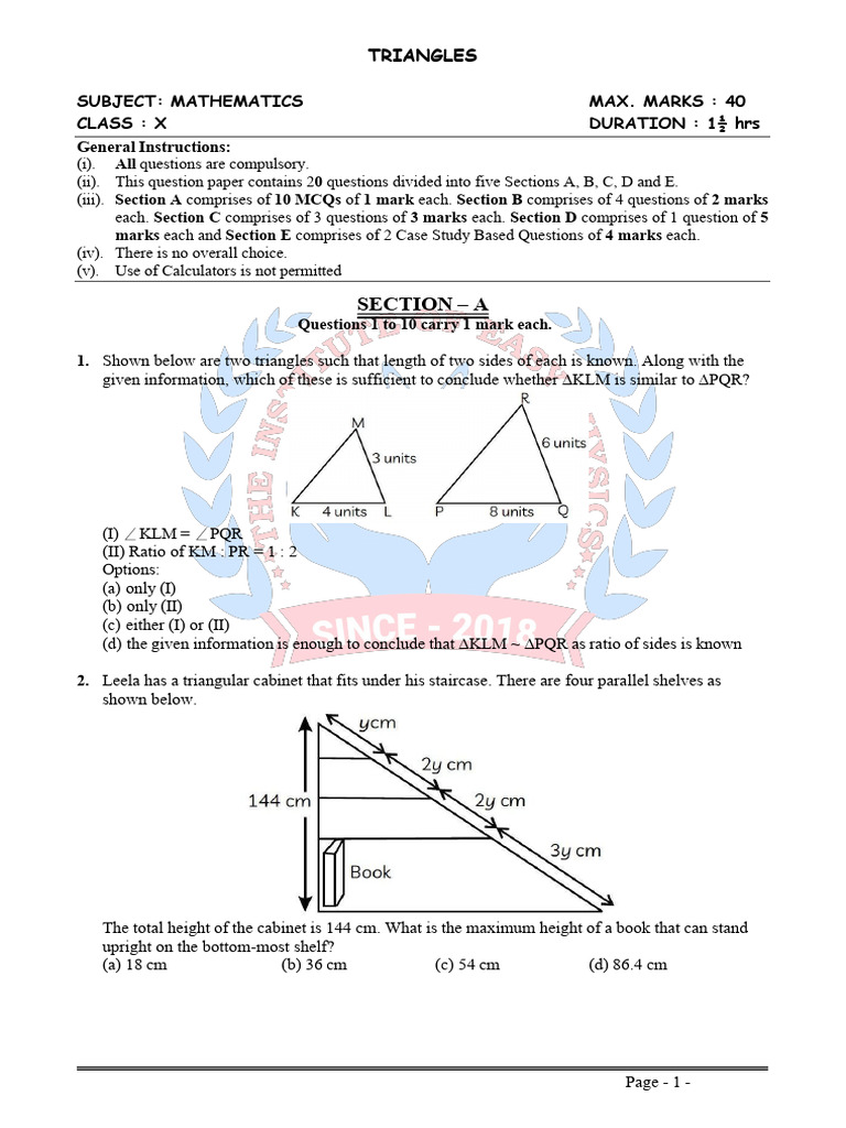 Class 10 Triangles MCQ Question Paper | PDF | Triangle | Mathematics