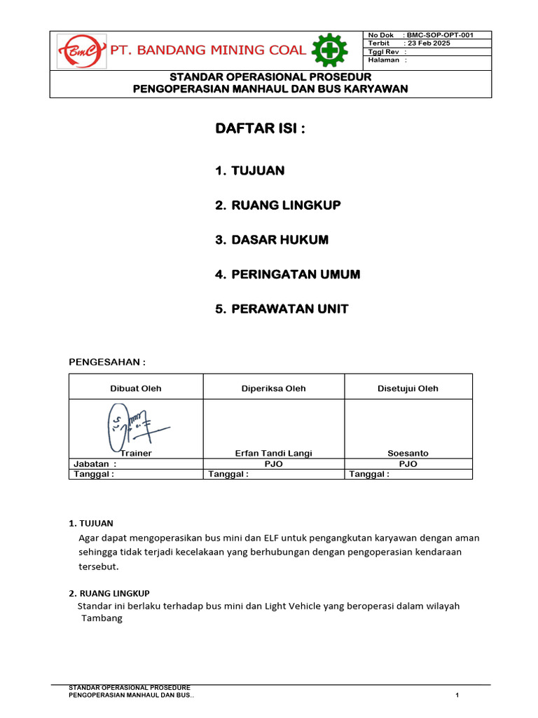 BMC - Sop.opt. Pengoperasian Bus & Elf Penumpang Karyawan | PDF