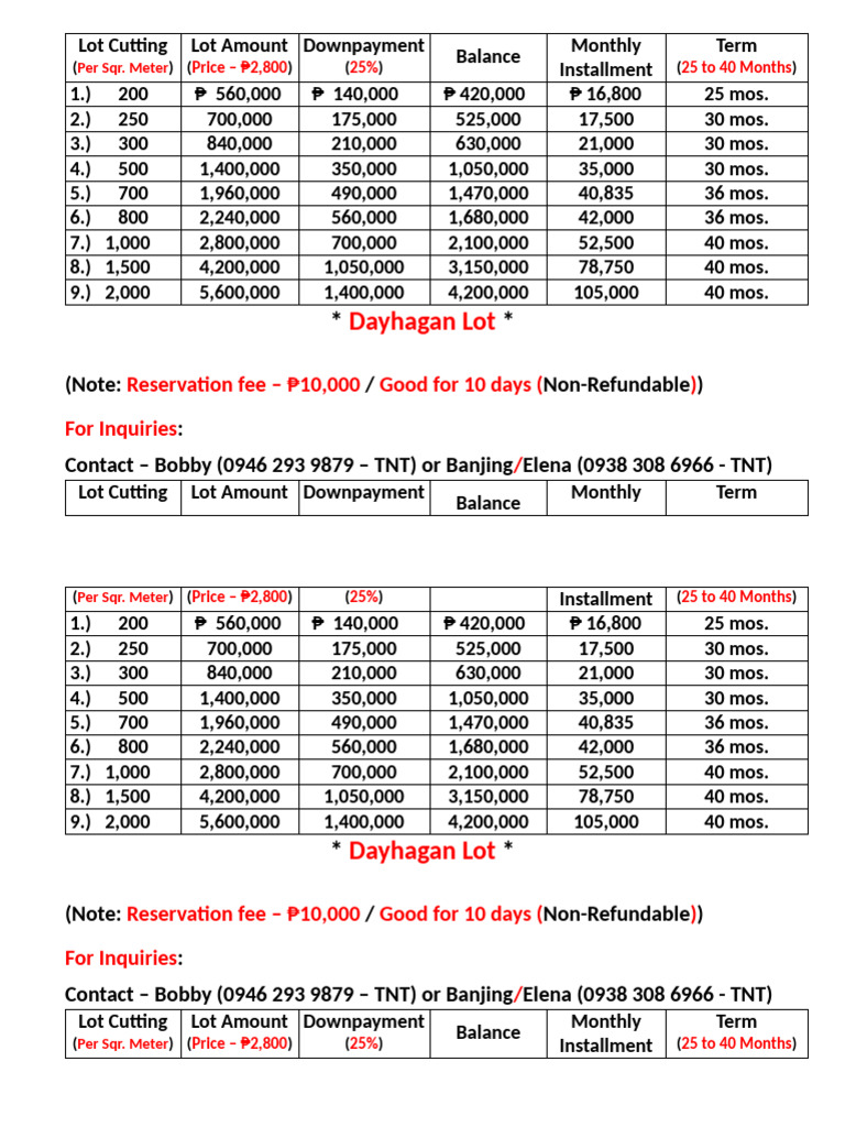 PRICE TABLE ONE FOURTH | PDF