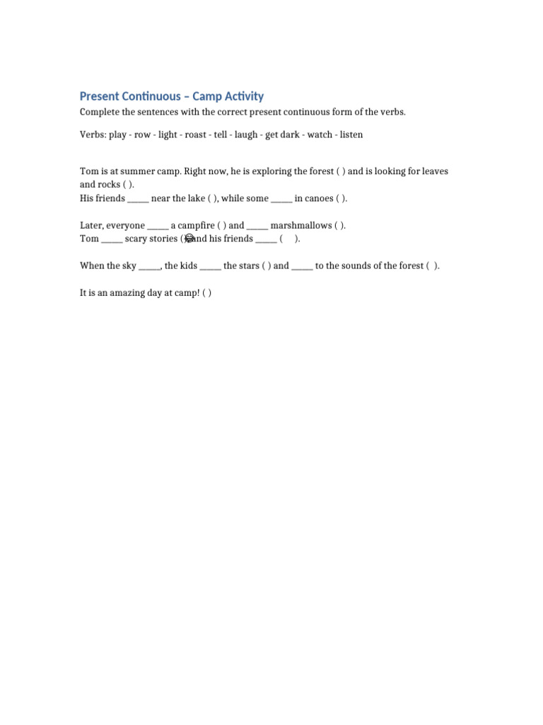 Present Continuous Camp Activity | PDF