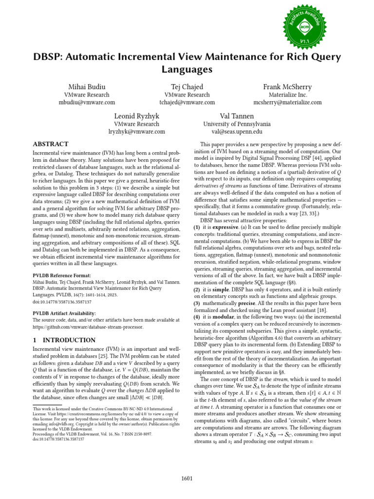 VLDB 2023 - DBSP - Automatic Incremental View Maintenance For Rich Query Languages (P1601-Budiu ...